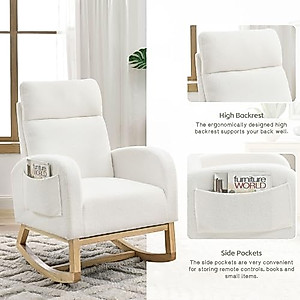 JEEOHEY Rocking Chair Nursery,Teddy Fabric Upholstered Baby Glider Rocker Chair,Comfy Accent Arm Chair with Side Pockets&Solid Wood Legs,Modern Nursing Single Sofa Chair for Living Room,Bedroom(White)