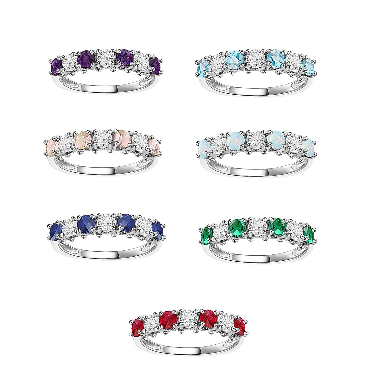 Tirafina Amethyst and Lab-Created White Sapphire Band Ring, Alternating Stones, Sterling Silver, (3.5mm stone)