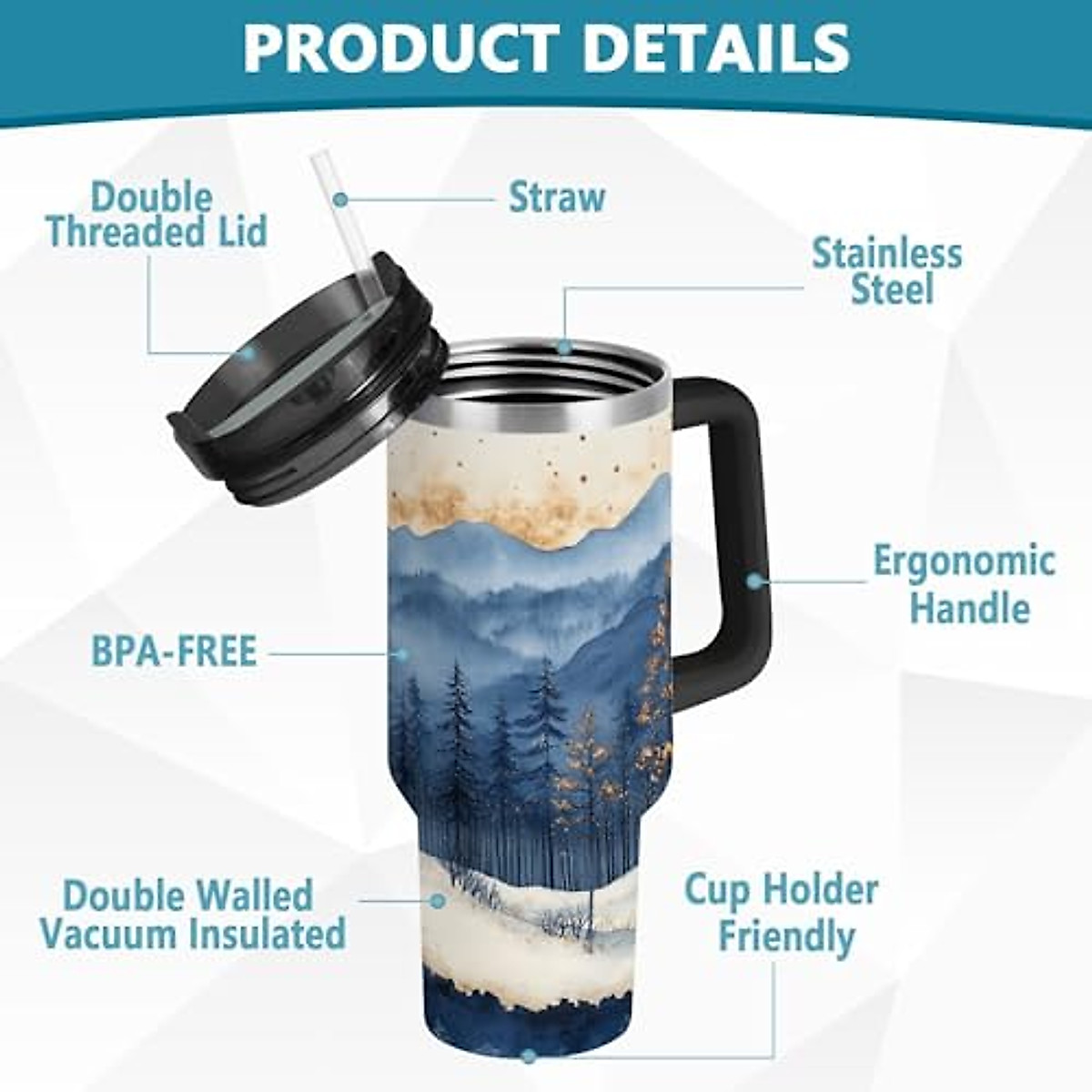 Selerdon 40 oz Tumbler Winter Forest with Handle and Straw Lid Vacuum Stainless Steel Insulated Water Bottle Travel Mug Car Cup Holder Friendly BPA Free for Gym Travel Office