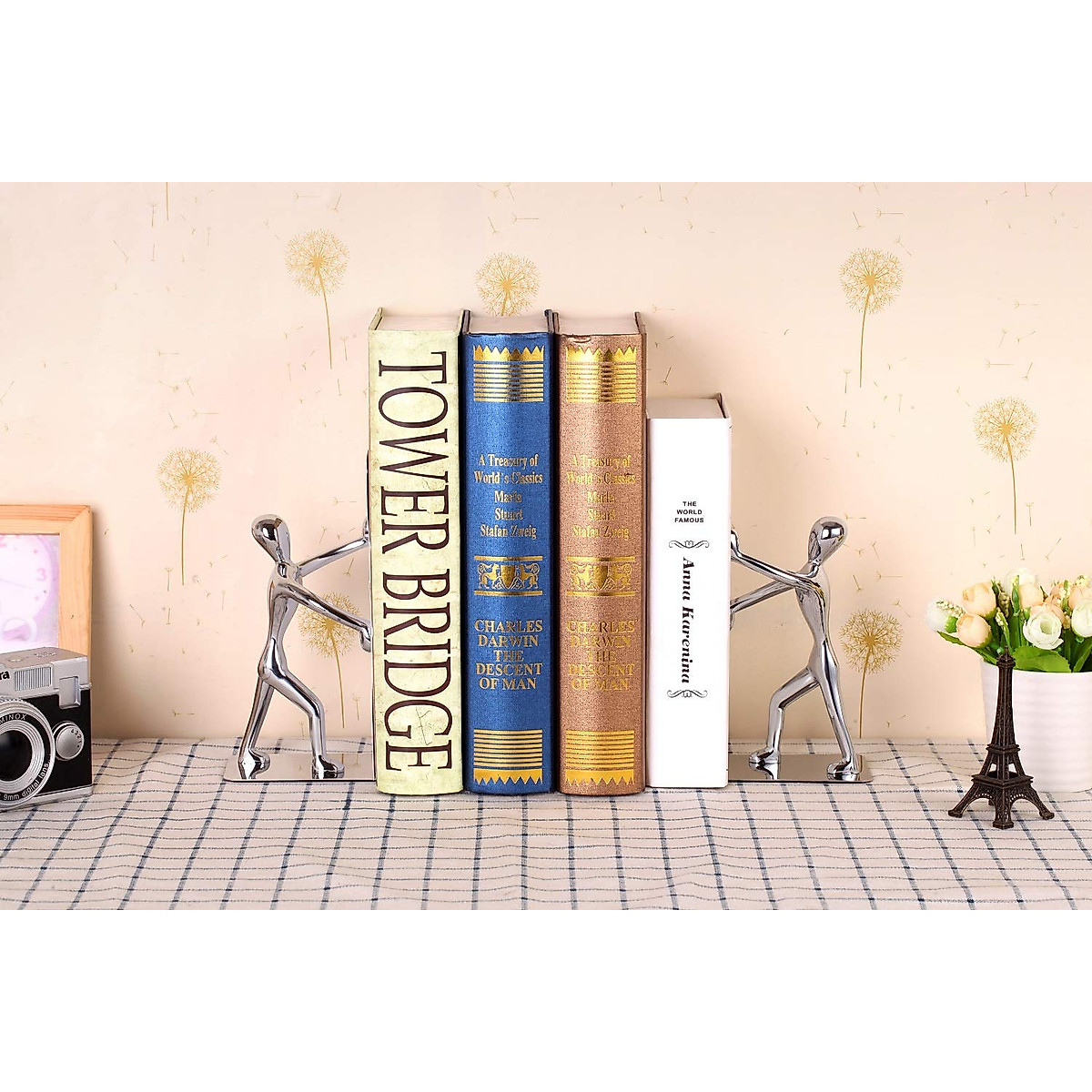 MROCO Decorative Bookends Heavy Duty Zinc Alloy Man Book End, Non-skid Bookend, Metal Book Ends for Shelves, Book Support, Book Stopper for Books, Movies, Magazines, Video Games, 7.28 x 6.1 in, Silver
