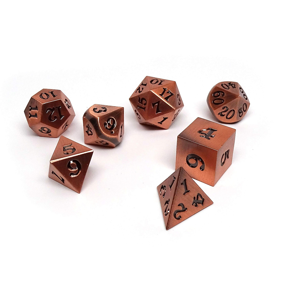 Legendary Copper Metal Polyhedral Dice Set with Black Signature Font - 7 Piece Collection