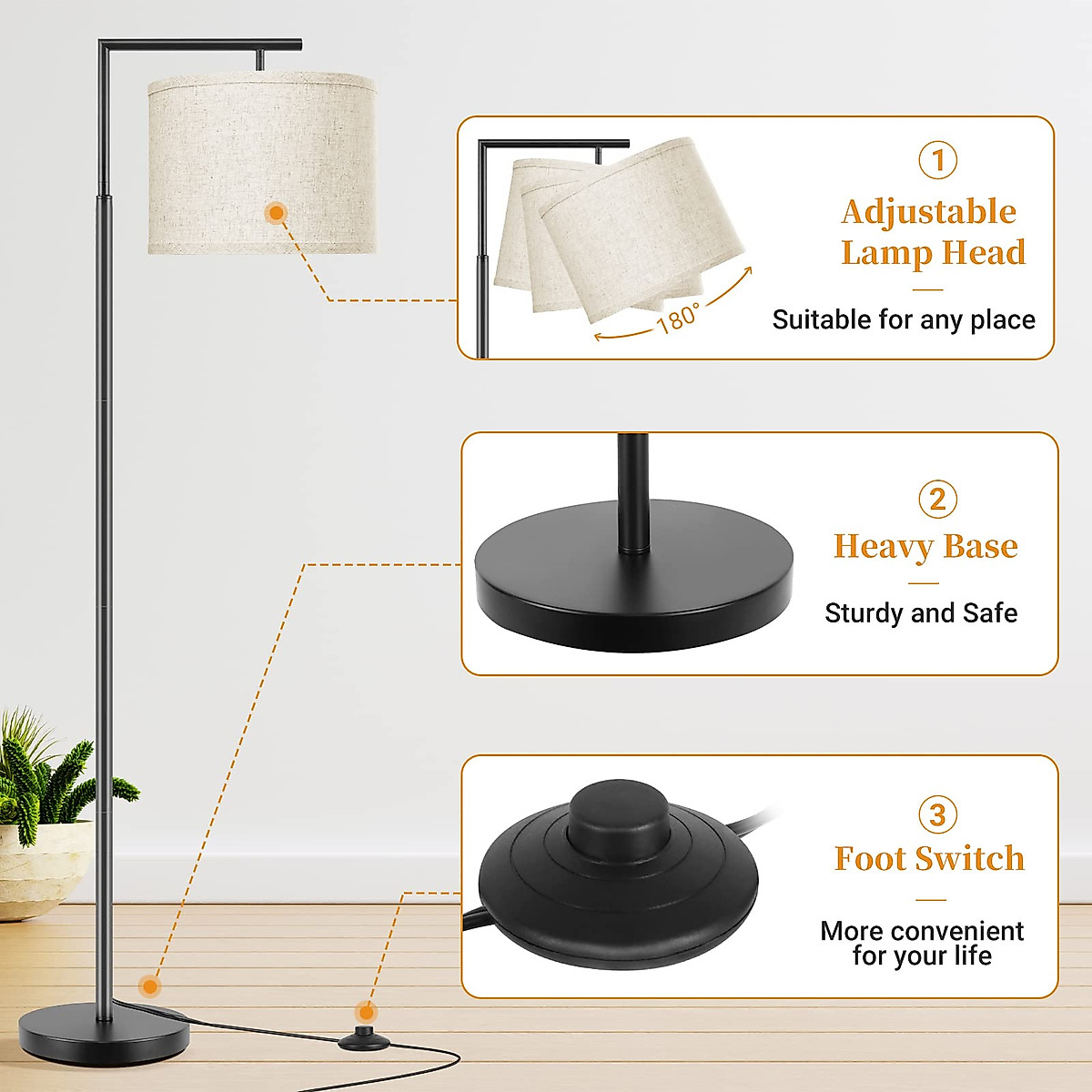 ROTTOGOON Floor Lamp for Living Room with 3-Color Temperature 9W LED Bulb, Modern Standing Lamp with Linen Beige Shade & Foot Switch, Tall Pole Lamp for Bedroom, Study Room, Office, Kids Room (Black)
