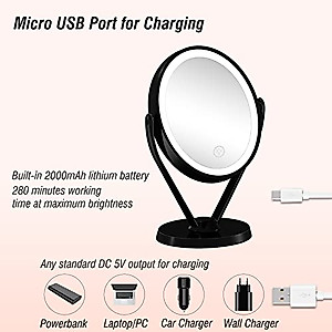 Aesfee Double-Sided 1x/7x Magnification LED Makeup Mirror with Lights, Lighted Vanity Magnified Mirror USB Chargeable, Touch Sensor Control 3 Light Settings Illuminated Countertop Mirrors - Black