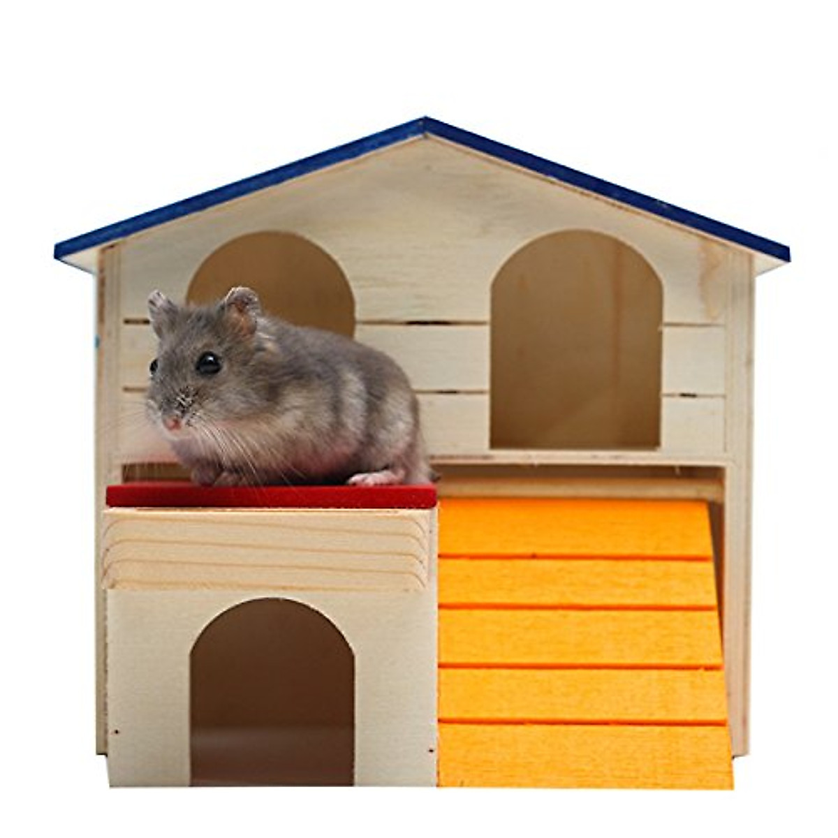 Hamiledyi Pet Small Animal Hideout Hamster House Deluxe Two Layers Wooden Hut Play Toys Chews