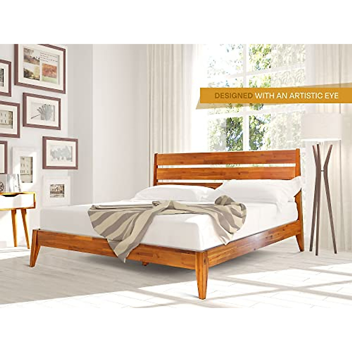 Acacia Emery Bed Frame with Headboard Solid Wood Platform Bed, Bed Frame King, Scandinavian Signature Wood Bed Compatible with All Mattresses, Non-Slip and Noise-Free, Caramel