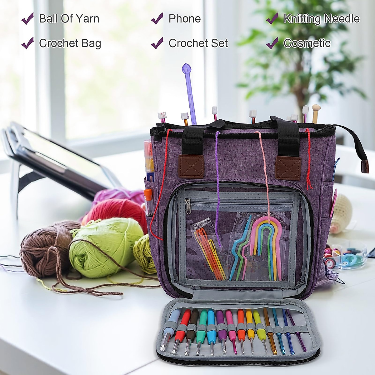 Crochet Bag Organizer, Yarn Storage Bag with Inner Divider & Zipper Knitting Bags Yarn Storage Organizer for Crochet Hooks Suppliers Knitting Needles Accessories