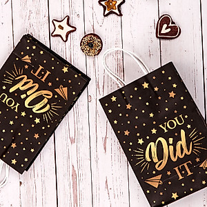 Whaline 12Pcs Graduation Gift Bag with White Tissue Paper Congrats Grad Party Favor Bags with Handle 4 Designs Black Gold Paper Congratulations Treat Candy Bag for College High School