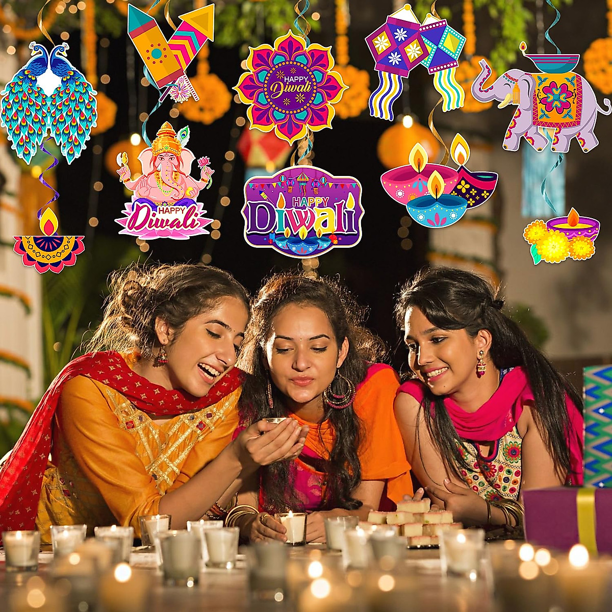 40pcs Diwali Hanging Decorations, No-DIY Happy Diwali Decorations for Home House, Deepavali Party Decorations, Indian Festival Diyas for Diwali Rangoli Decoration Lights Hanging Swirls cocomigo