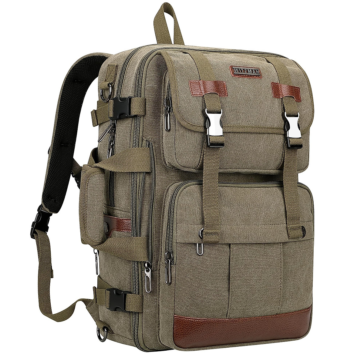 WITZMAN Canvas Backpack with USB Charging Port Large Travel Backpack Luggage Duffel Bag for Airplane Carry On Fit 17 inch Laptop for Men Women (6617 Brown)