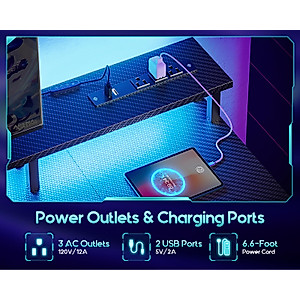 AODK 57 Inch L Shaped Gaming Computer Desk with USB Charging Ports & Power Outlets, Home Office Writing Corner Desk with Drawers and Monitor Stand, Study Table with LED Lighting, Carbon Black