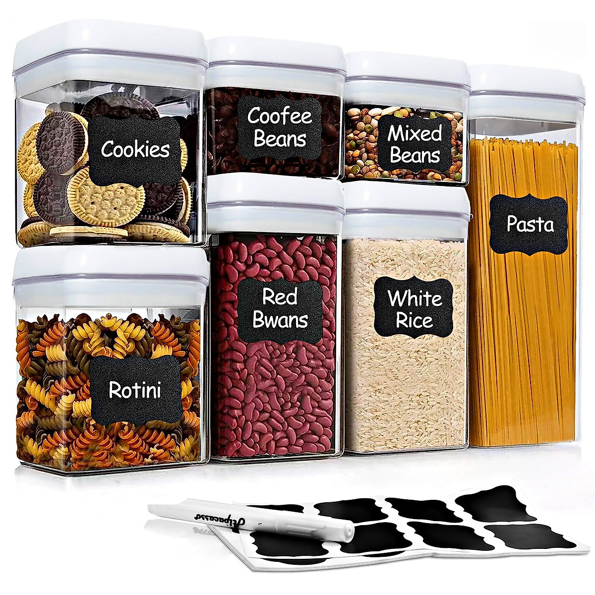 AIYULONG Airtight Food Storage Container Set - 7 Piece Set Clear Plastic Containers with Easy Lock Lids, for Kitchen Pantry Organization and Storage, Include 24 Labels (White)