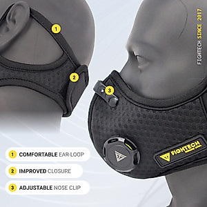 FIGHTECH Reusable Dust Mask with 6 Filters and 2 Extra Vents | Mowing, Construction, Woodworking Mask (Medium, Black)