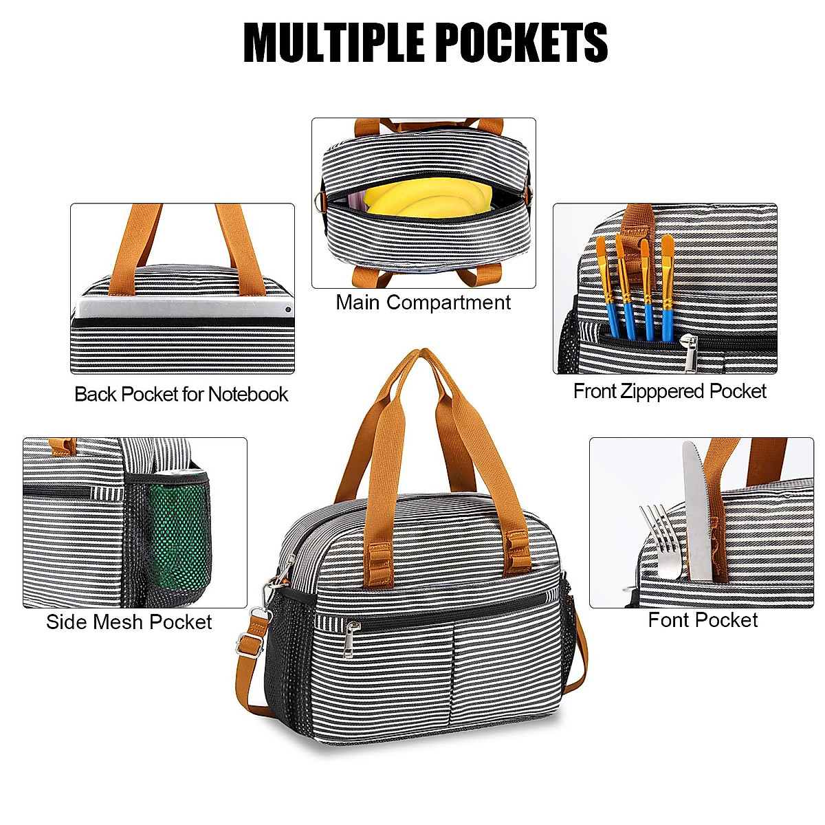 HSHPX Lunch Bag Women Insulated Adult Lunch Box Large Reusable Lunch Tote with Webbing Loop Cute Portable Lunch Cooler with Adjustable Shoulder Strap for Work Office Picnic (Stripe)