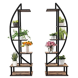 Elevens 6 Tier Metal Plant Stand, Muti-Purpose Ladder Plant Shelf Indoor 12 Potted Half Moon Shape Plant Stands for Balcony, Patio, Garden and Home Decoration Pack of 2 (Oak)