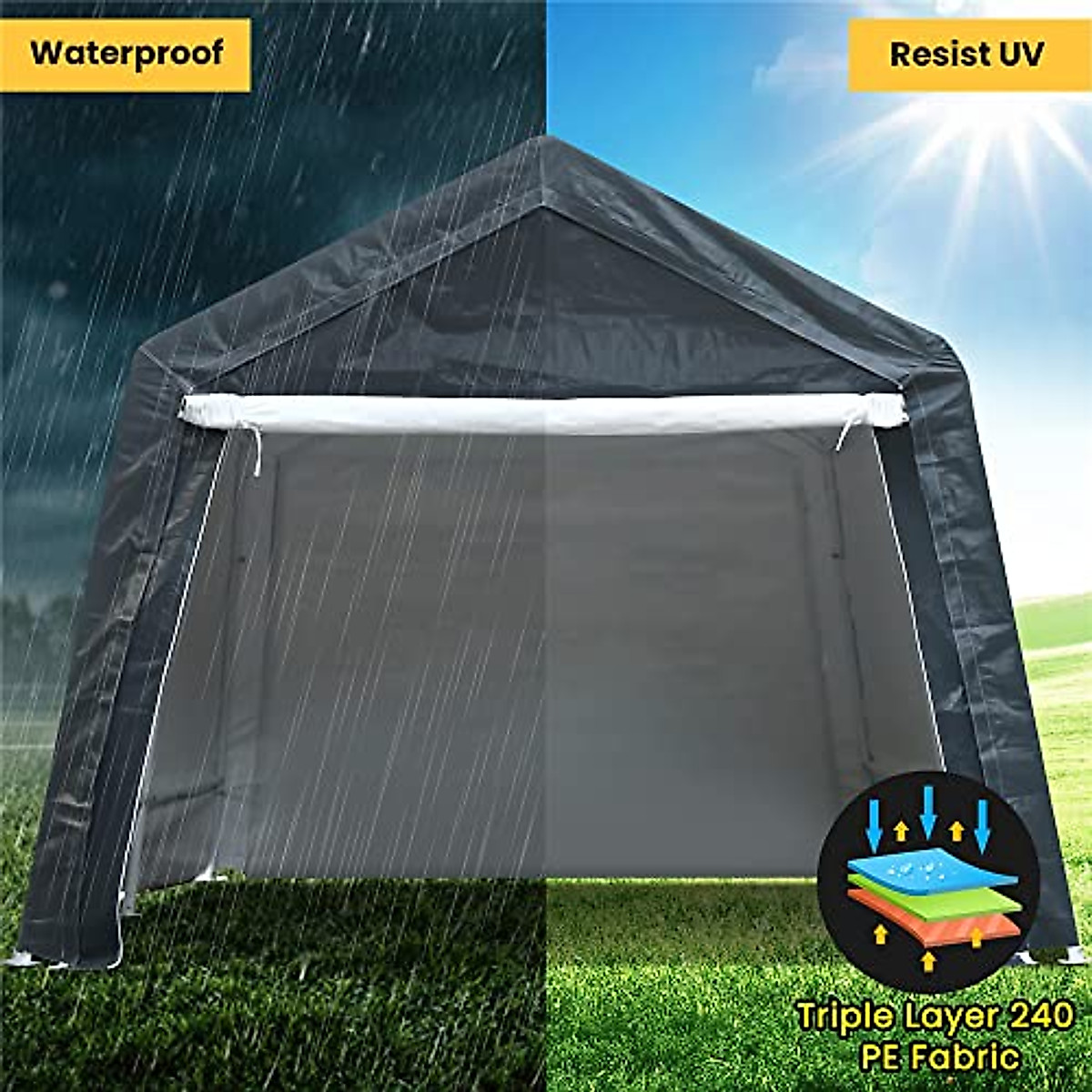 Sefzone 7x12x7.4Ft Storage Shelter, Outdoor Portable Shed with Detachable Roll-up Zipper Door, 240 PE Fabric, Heavy Duty Frame, Waterproof, Anti-UV, Portable Storage Tent for Bike, ATV, Motorcycle