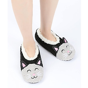 DICUIRD Womens Cozy&Warm Animal Slipper Socks with Grippers-House Socks(Black Cat, 8-10)