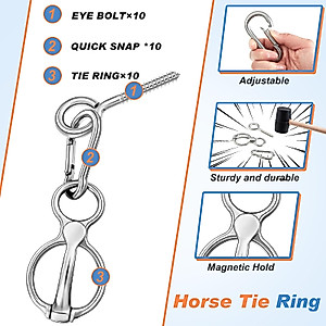 Nuenen Horse Tie Ring Stainless Steel Horse Tack and Supplies Safety Horse Accessories with Eye Bolts and Snaps Saddle Horse Training Equipment for Pulling(Silver,3 Sets)