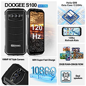 DOOGEE S100 Rugged Smartphone(2023), 20GB+256GB Dual 4G Gaming Rugged Phones Unlocked, 120Hz 6.58" Rugged Cell Phone, 66W Fast Charge, Dual Speakers, Android 12, 108MP Camera, Night Vision, NFC, OTG