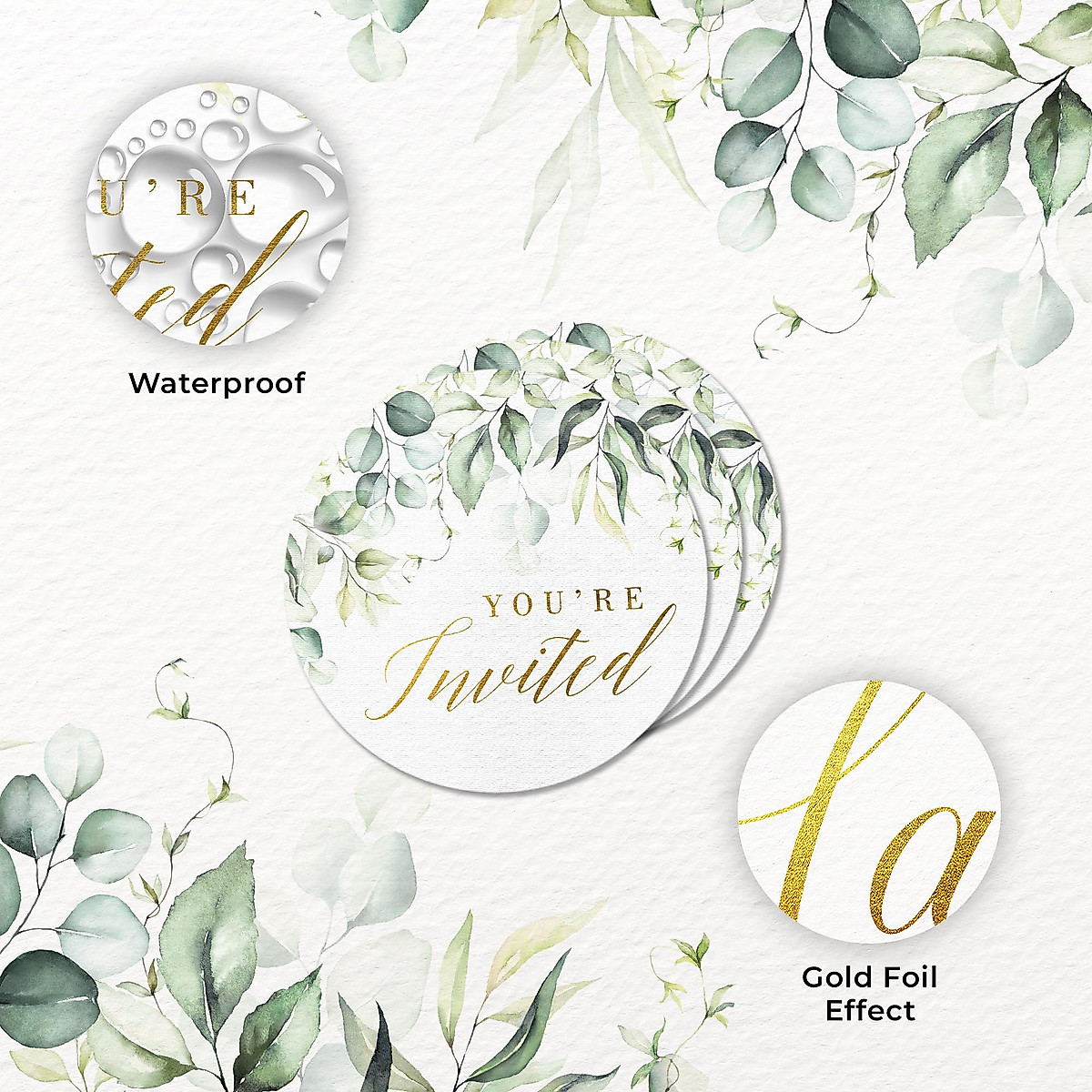 Mobiusea Creation Greenery Wedding Invitation Stickers | 1.4 inch | Gold Foil | 108pcs Waterproof Wedding Envelope Stickers for Wedding, Bridal Shower, Birthday, Baby Shower and Party