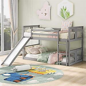 TURRIDU Bunk Bed Twin Over Twin with Slide, Low Solid Wood Twin Bunk Bed Frame with Safety Guardrails and Ladder for Boys Girls Adults, No Box Spring Needed, Gray