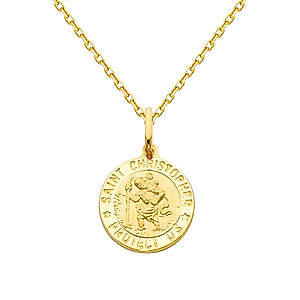The World Jewelry Center 14k REAL Yellow Gold Religious Saint Christopher Medal Pendant with 1.2mm Cable Chain Necklace - 22"