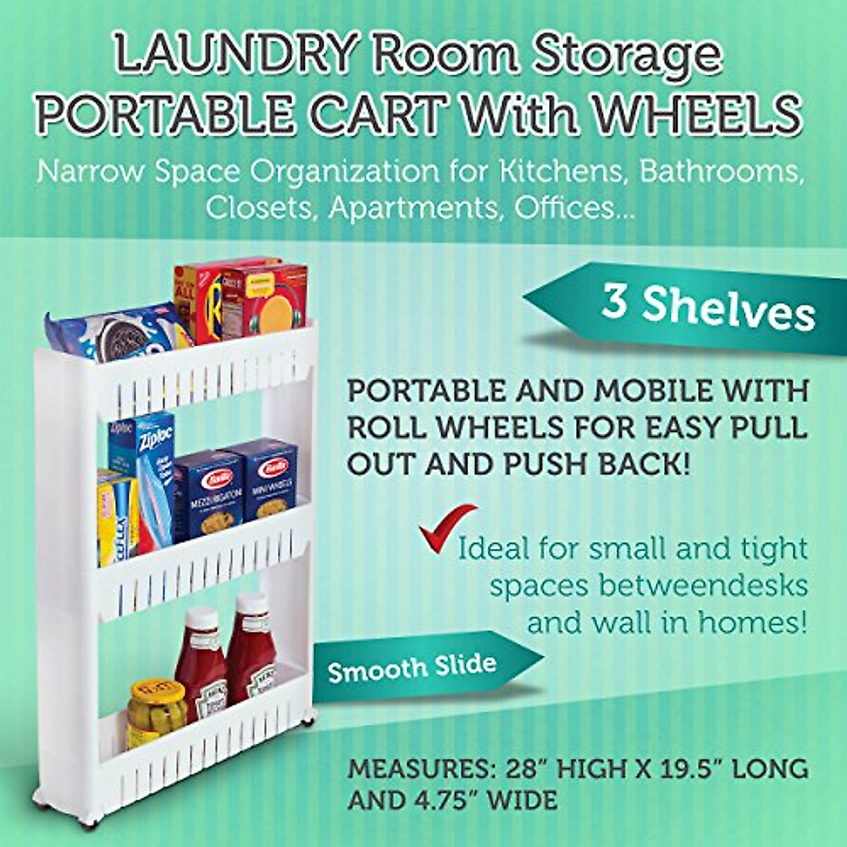 Laundry Room Organizer and Slim Storage Cart – Mobile Wheels Shelf with 3 Tiers Skinny Thin Shelves for Narrow Slim Space Between Washer and Dryer Perfect as Cleaning Supplies Organizer
