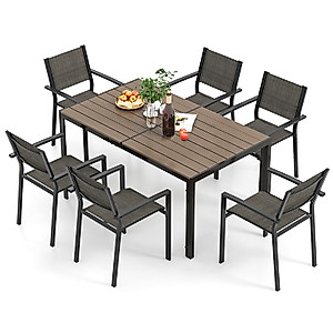 Tangkula 7 Piece Outdoor Dining Set, Patio Furniture Set w/ 6 Stackable Chairs & Large Rectangle Table, Dining Table Set for 6, Backyard, Porch, Garden, Poolside (Gray)