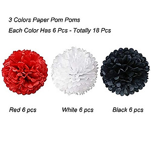 Tissue Paper Pom Poms, Recosis Paper Flower Ball for Birthday Party Wedding Baby Shower Bridal Shower Festival Decorations, 18 Pcs - Red Black White