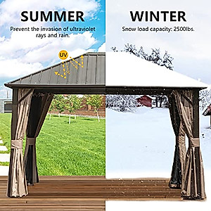 Domi Hardtop Gazebo 10' X 12', Permanent Outdoor Galvanized Steel Roof Gazebo with Aluminum Frame, Pavilion Metal Gazebos with Netting & Curtains for Garden, Patios, Lawns, Parties(Dark Brown)