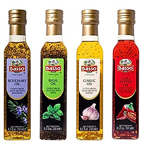 Basso, Garlic, Rosemary, Basil, Chili Pepper, 4 bottles x 8.5 fl.oz (250ml), Naturally Infused Flavored Extra Virgin Olive Oil for Dipping & Tasting, 4 pk Gift Set (Gift Box Included), All Natural, Great Corporate Gift,