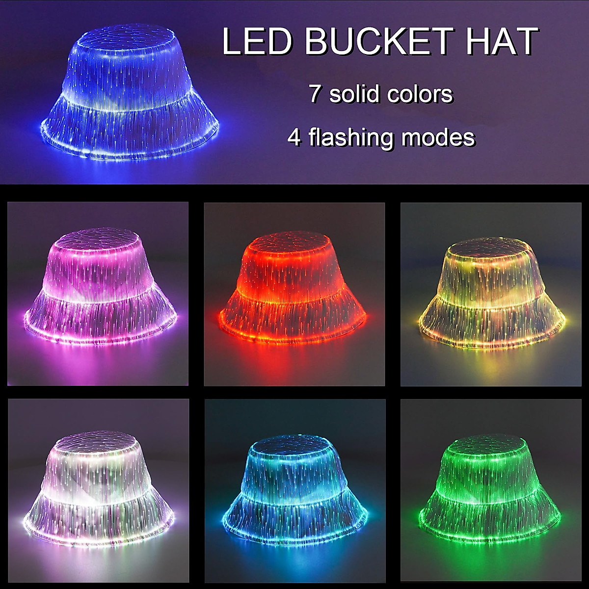 LED Hat Rave Bucket Hat, Light up Crazy Hat 7 Colors Party Hat, Fiber Optic Fabric Glow in The Dark Hat for Men and Women USB Rechargeable Festival Gear