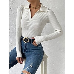 SHENHE Women's Casual V Neck Long Sleeve Knitted Pullover Polo Sweater Jumper Tops White L