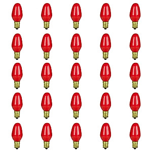 Sunlite 01275 7C7 Incandescent Bulb, 7 Watt, Candelabra E12 Base, C7 Small Night Light, Colored Bulb, Red, 25 Count