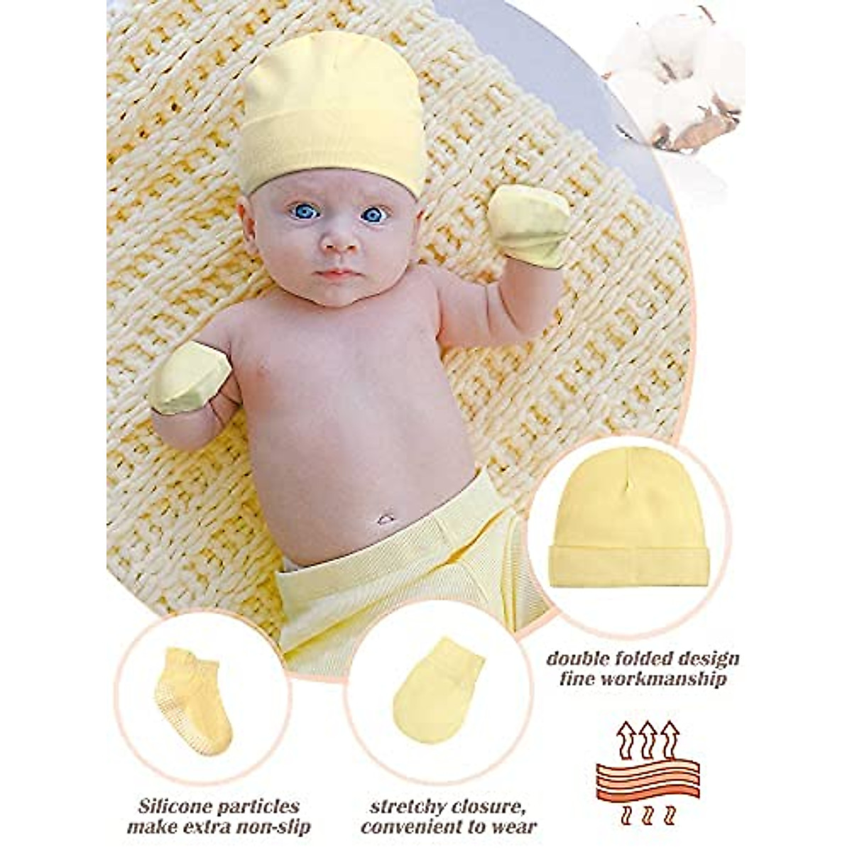 Baby Hats Mittens and Socks Set Unisex Cotton Beanie Cap and Scratch Mitten Non-Slip Baby Ankle Socks for Boys and Girls (White, Black, Grey, Light Blue, Navy Blue, Beige,6 Sets)