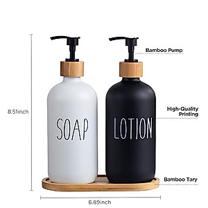 Vorey Bathroom Glass Soap Dispenser Set with Pump, Soap and Lotion Dispenser with Bamboo Tray for Farmhouse Decor (Black & White)