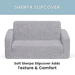 Delta Children Cozee Flip-Out Sherpa 2-in-1 Convertible Sofa to Lounger for Kids, Grey