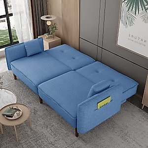WILLIAMSPACE 75" Futon Sofa Bed, Convertible Sleeper Sofa with Magazine Bag, Small Splitback Sofa with Tapered Solid Wood Leg, Padded Seat and Back, Loveseat Couch for Living Room, Blue Fabric