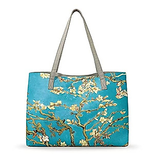 Poetesant Almond Blossom Tote Bag Women Van Gogh Top-Handle Handbags Oil Painting Shoulder Purses Floral Art Leather Satchel Bags