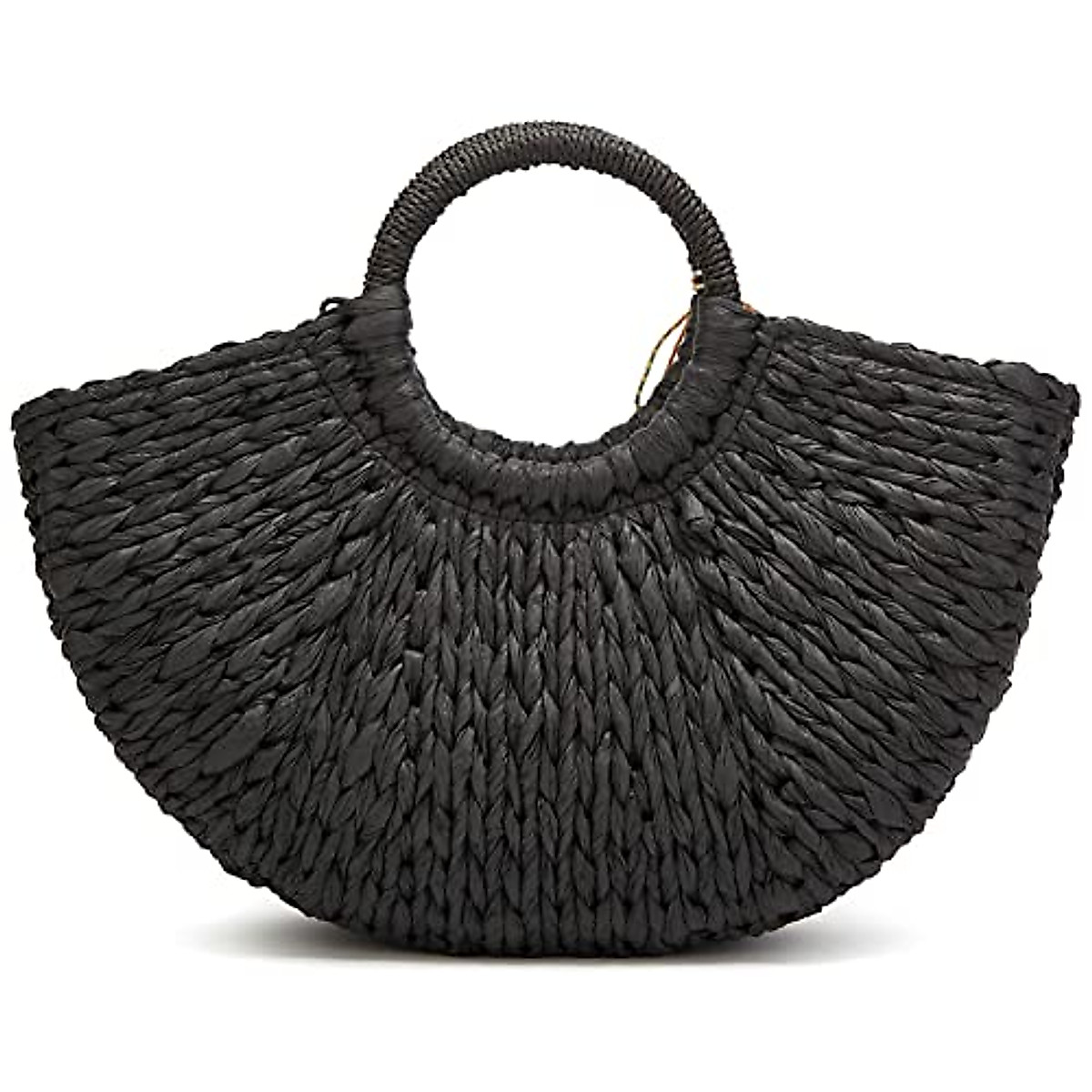Women Straw Bag Large Woven Tote Bag with Pendant Round Handle Tote Retro Purse Hobo Summer Beach Handbag