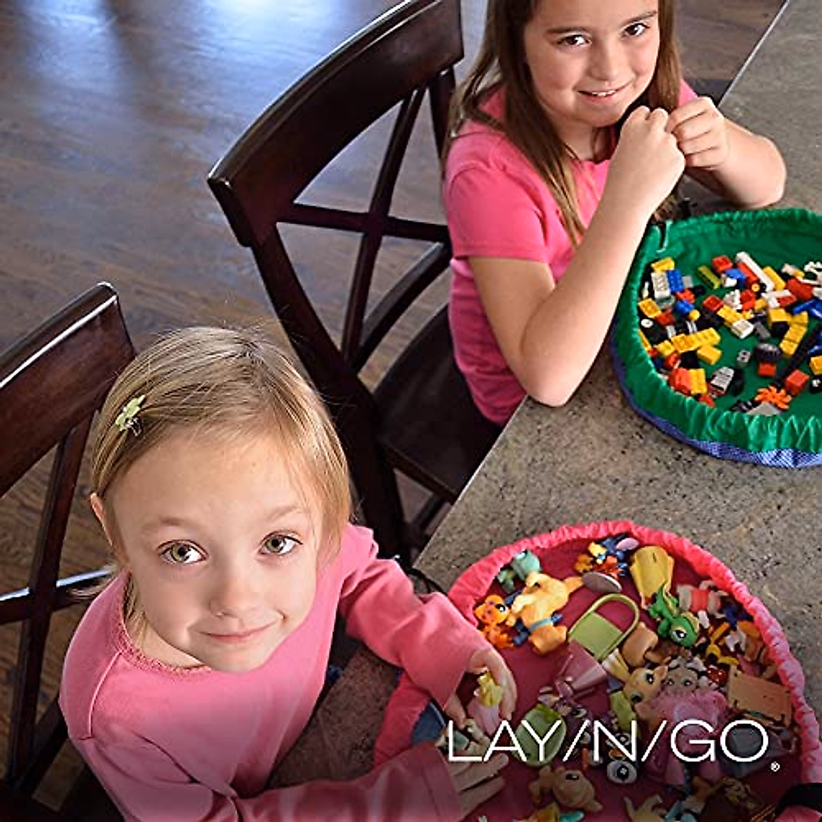 Lay-n-Go 2-in-1 Small Portable Drawstring Toys Storage Organizer and Play Mat for Room and Travel, Made for Kids and Toddlers with a Durable Patented Design, 18 inch, Green/Blue