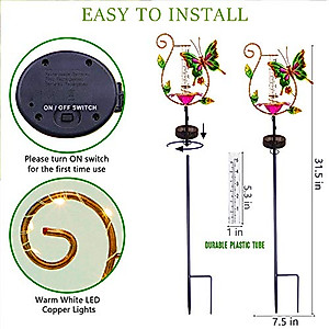Juegoal 31.5 Inch Rain Gauge, Solar Powered Lighted Butterfly Garden Stakes Decor with 16 LED Warm White Copper Lights, Metal Yard Art Outdoor Lawn Pathway Patio Decorations