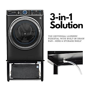 EZ Laundry | Upgraded 29” Universal Pedestal – 700lbs Capacity, Raises 16” with Built-in Drain Pan + Hose, Adjustable Feet, Anti-Vibration, Steel & Storage Shelf for Washer & Dryer (Black)