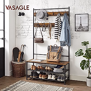 VASAGLE Hall Tree, Entryway Bench with Coat Rack, Hall Tree with Bench and Shoe Storage, 11 Hooks, Adjustable Shelves, Hallway Bedroom Dorm Apartment, Rustic Brown and Black UHSR410B01