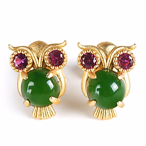 Guptue Natural green jade stud 925 sterling silver earrings for Women Owl real hetian jade critters 925 sterling silver earrings 18K gold plated Birthday Jewelry