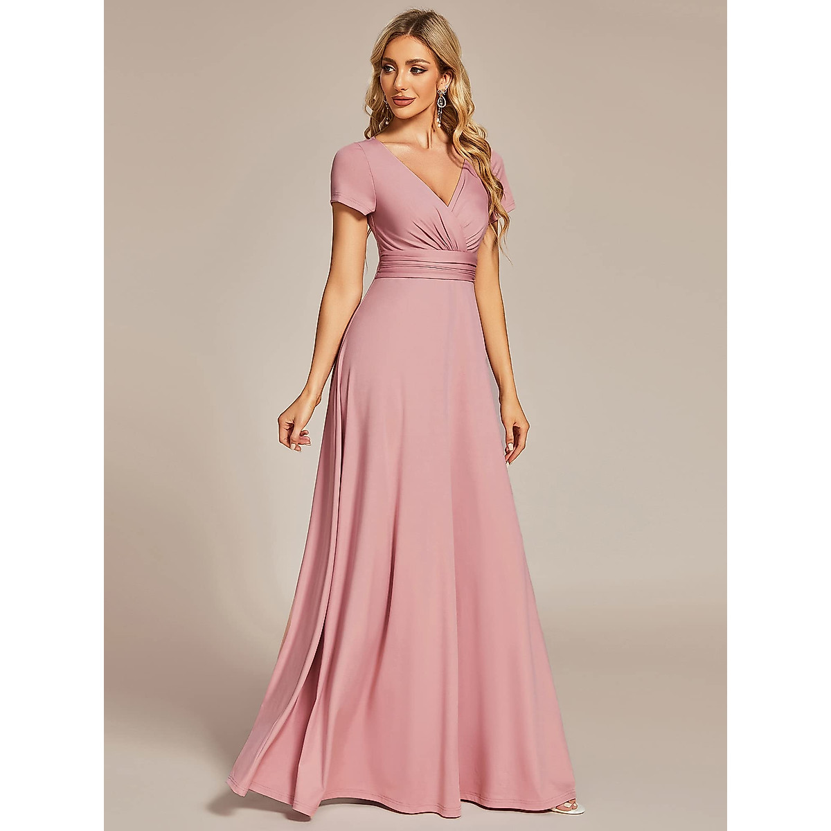 Ever-Pretty Women's Formal Dress Ruched Waist V Neck A Line Bridesmiad Dress with Sleeves Dusty Rose US8