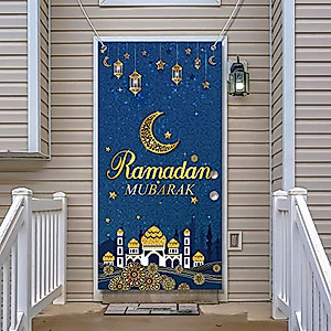 Ramadan Mubarak Decorative Door Cover Eid Mubarak Backdrop Hanging Ramadan Mubarak Door Banner Eid Al-fitr Celebration Decoration for Door Cover Muslim Ramadan Party Supplies, 5.9 x 2.9 Feet
