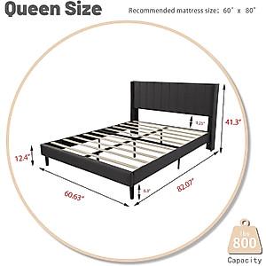 Zavoter Queen Size Bed Frame with Upholstered Wingback Headboard, Easy Assemnly Platform Bed, Wooden Slat Support No Box Spring Needed, Dark Gray