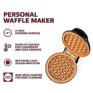 Holstein Housewares 4” Personal Waffle Maker, Black/Copper - Delicious Waffles in Minutes