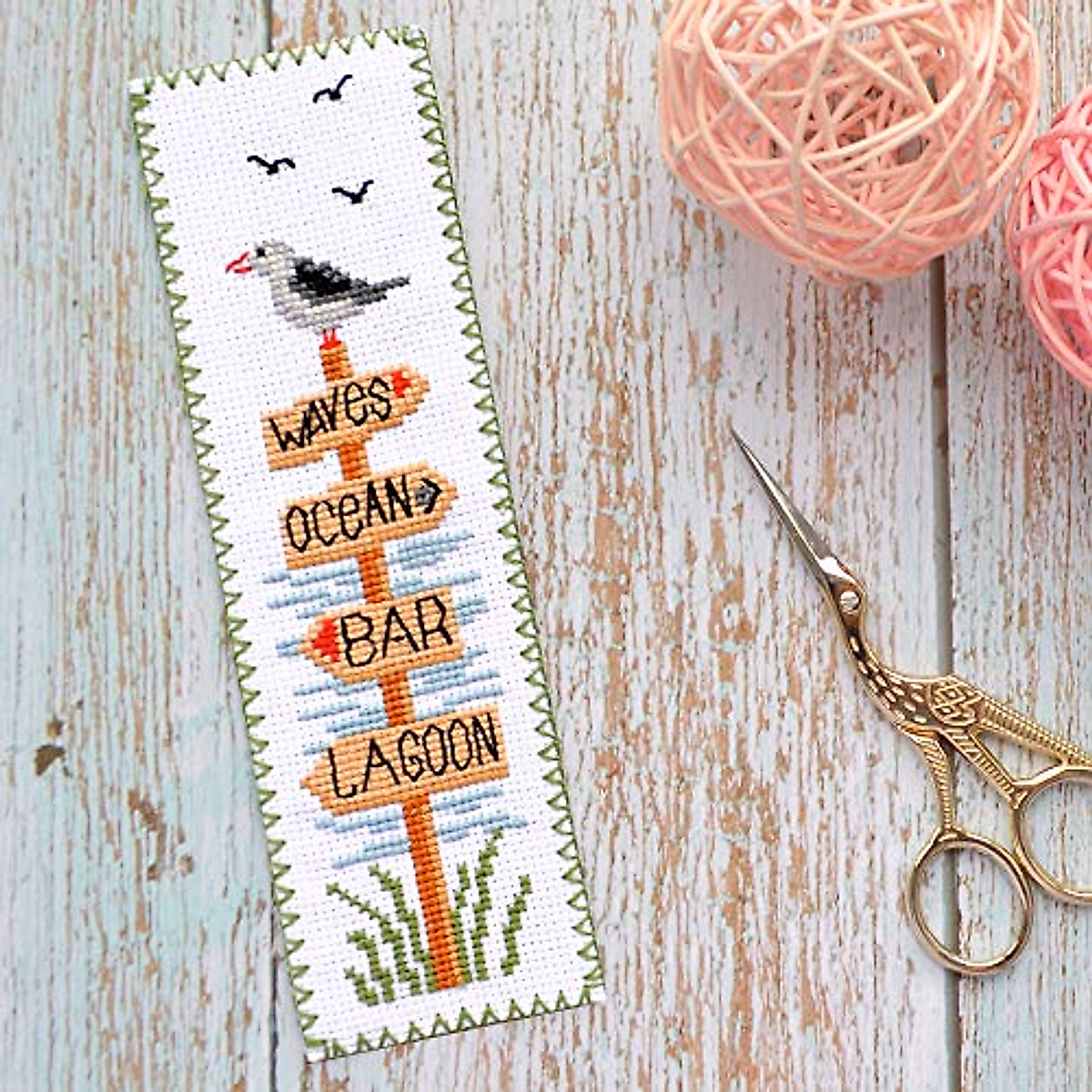 Beach Signs Cross Stitch Bookmark - Coastal Wood Signs Embroidery Set with Paper Pattern, 16 Count Aida Cloth and Pre-Sorted Floss