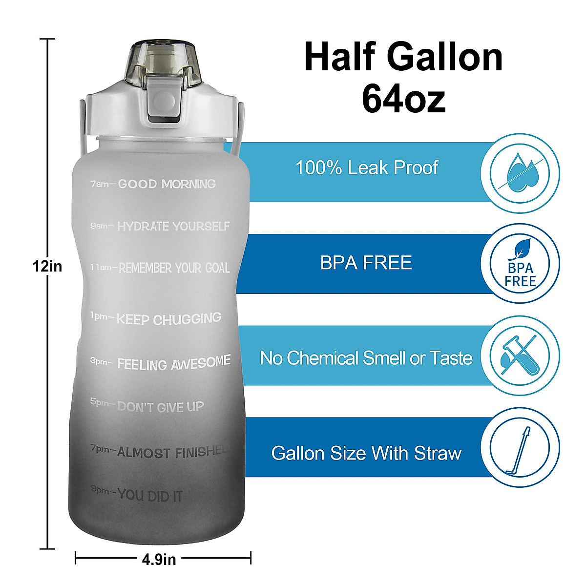 EYQ 64oz Leakproof Free Drinking Water Bottle with Motivational Time Marker BPA Free for Fitness, Gym and Outdoor Sports (Black/Gray Gradient)